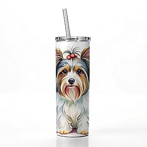Biewer Terrier Dog Watercolor Style Skinny Tumbler 20oz with Straw Insulated Water Bottle Gift