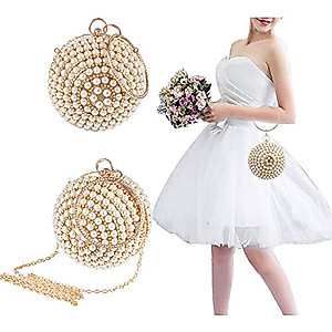 WPKLTMZ Womans Round Clutch Ball Handbag Dazzling Full Rhinestone Tassles Ring Handle Purse Pearls Evening Bag