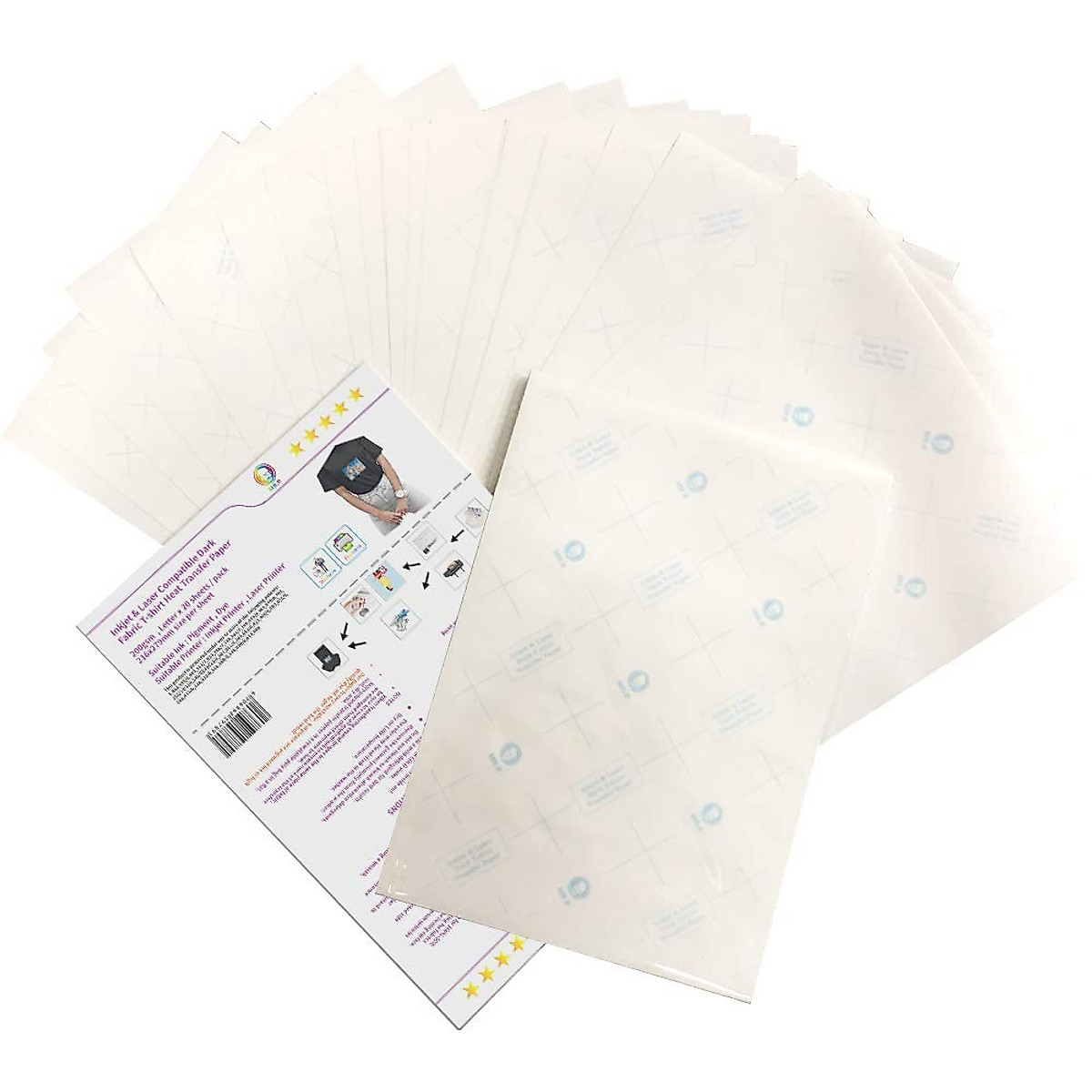 MR.R 8.5''x11'' Inkjet and Laser Compatible Printable Heat Transfer Vinyl Paper for Dark T-shirt Fabric, Made in USA (20 Sheets)