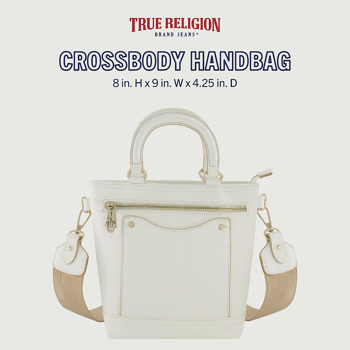 True Religion Women's Shoulder Bag Purse, Adjustable Crossbody Handbag with Horseshoe Logo Zipper, White