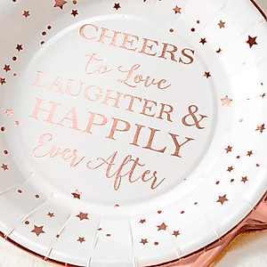 Crisky Cheers to Love Rose Gold Disposable Plates for Bridal Shower, Wedding, Engagement, Bachelorett Party Decorations, Dessert, Buffet, Cake Plates Party Supples, 50 Count, 9" Plate