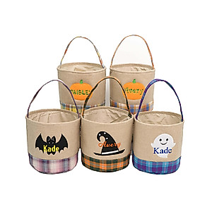 MT WORLD Personalized Halloween Pumpkin Pail Canvas Candy Bucket Large Reusable Trick or Treat Tote Bags for Kids Halloween Cookies Gifts (Green Pumpkin)