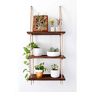 Mkono Hanging Shelves 3 Tier Rustic Wood Floating Wall Shelves Photo Plant Display Hanging Storage Shelf Home Decor for College Dorm Room Decor Bathroom Living Room Bedroom Apartment
