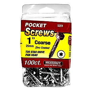 Milescraft 5201 Wood Pocket Hole Screws - #7 x 1" Pan Head with Coarse Thread (100pc.), Torx Drive Self-Tapping, For Indoor Use