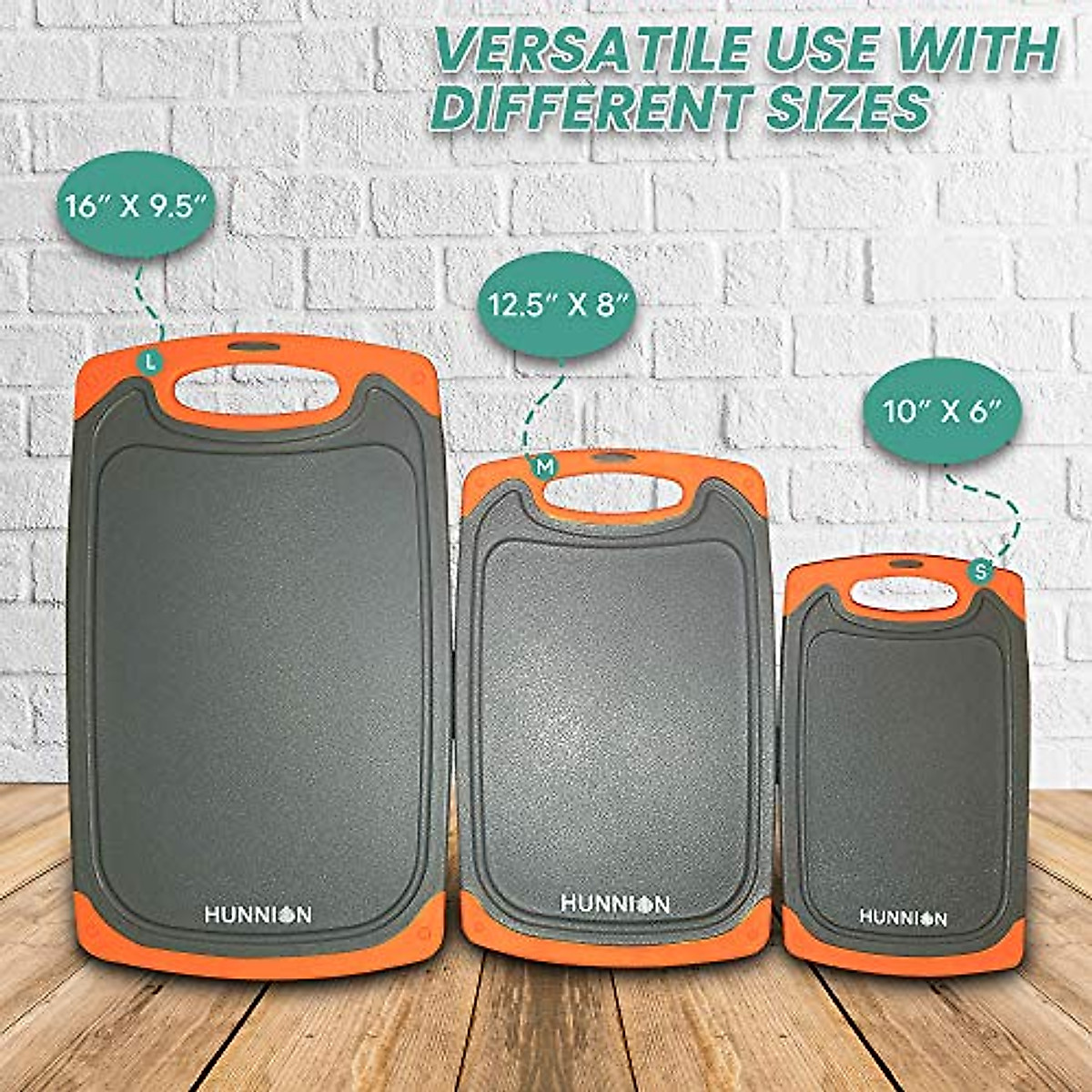 HUNNION Kitchen Cutting Board 3 Piece Set : Juice Grooves with Easy-Grip Handles, BPA-Free, Non-Porous, Dishwasher Safe, Multiple Size Plastic Cutting Boards (Orange)