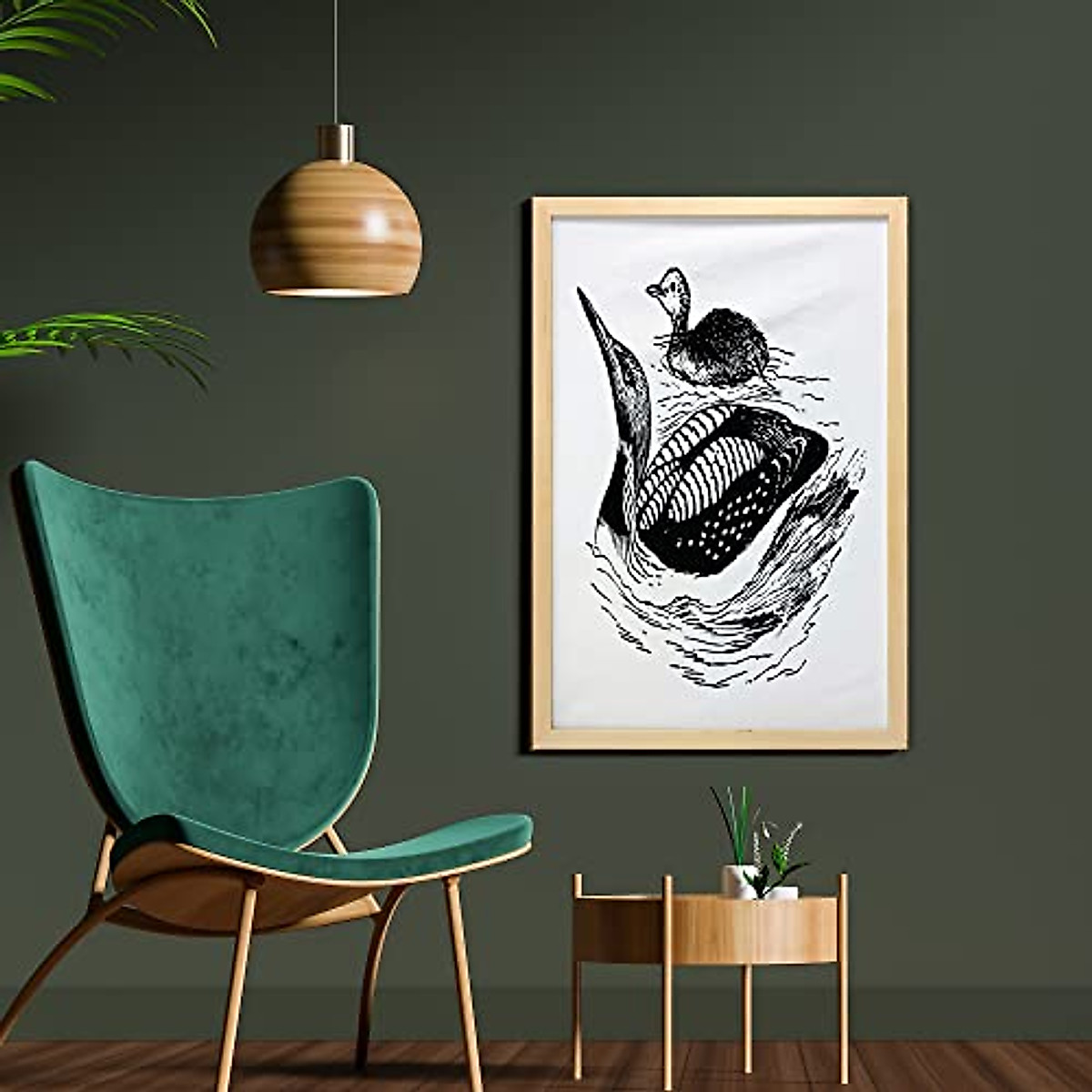 Ambesonne Loon Wall Art with Frame, Pencil Sketch Illustration of Mother and Silhouettes Swimming in Pond, Printed Fabric Poster for Bathroom Living Room Dorms, 23" x 35", Charcoal Grey White