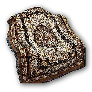 DaDa Bedding Elegant Persian Style Rug Tapestry Throw Blanket - Royal Ornate Golden Opulence w/Fringe Tassels - Decorative Damask Floral Cottage Woven Needle Stitched Design - 50” x 60” (7175)