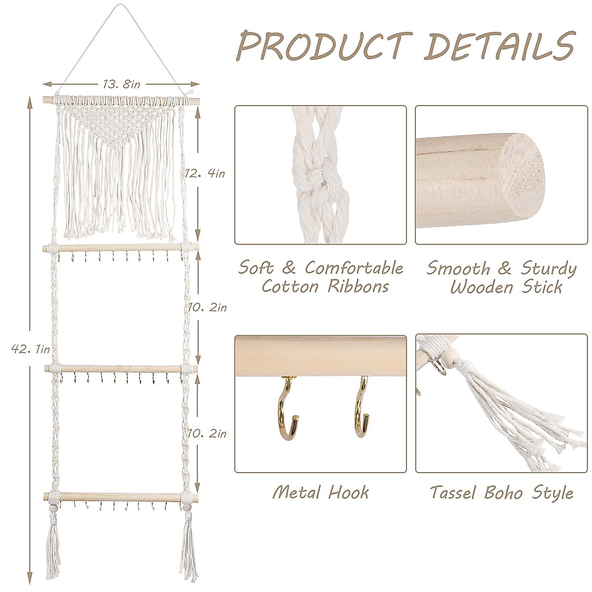 Teniinet Hanging Jewelry Organizer, Boho Macrame Necklace Hanger Wall Mounted with 30 Hooks,Door Hanging Jewelry Holder with Tassel for Necklaces Display Organizer(Necklace Holder)