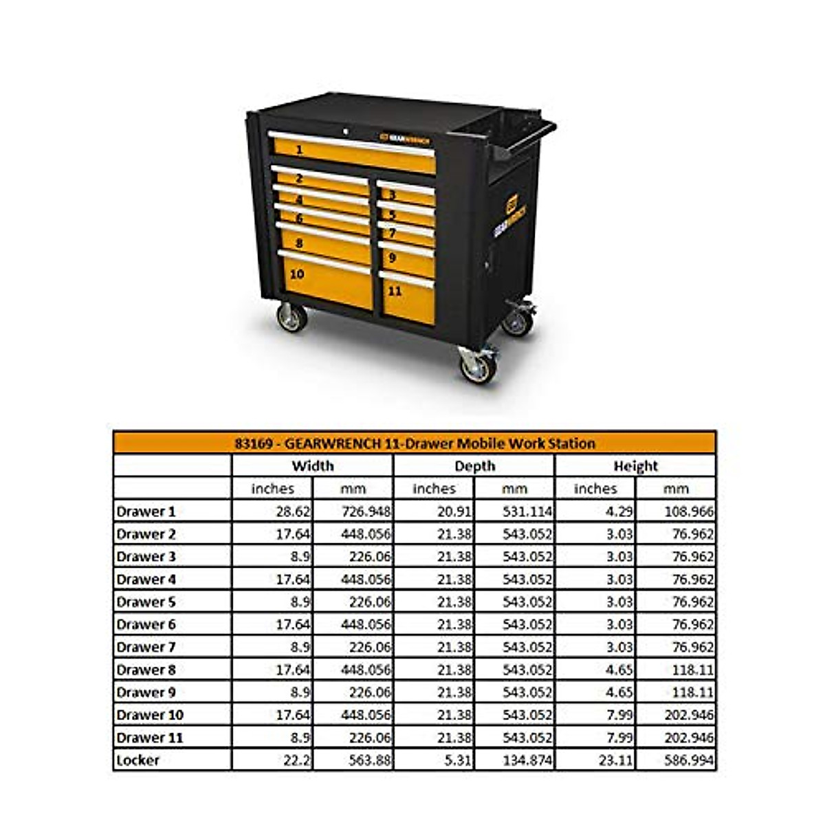 GEARWRENCH 42" 11 Drawer Mobile Work Station, Black & Orange - 83169