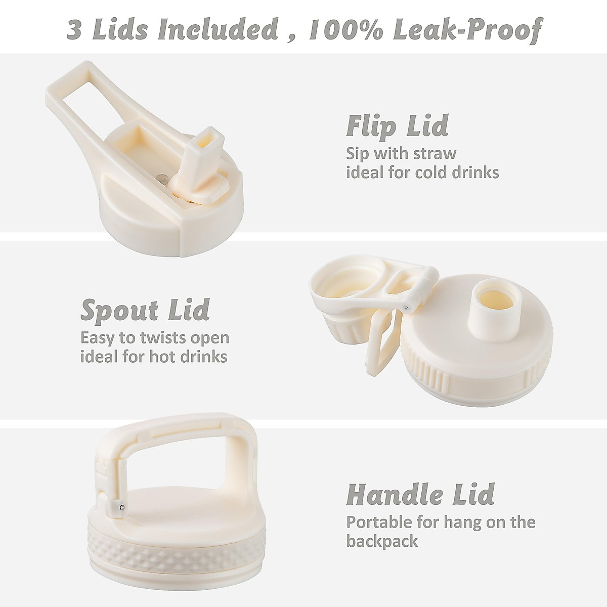 JW Joware 32 oz Insulated Water Bottle with Straw, Stainless Steel Sports Water Bottle with 3 Lids, Leak Proof Water Bottle for Men, Women & Kids, Alabaster White