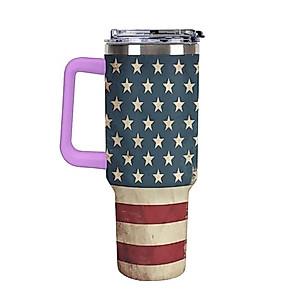LLUTSNTH 40 Oz Vacuum Tumbler with Violet Handle Leakproof Insulated Tumbler Vintage American USA Flag Stainless Steel Travel Mug with Lid And Straw Coffee Cup Cute Water Bottles Cup Holder Friendly