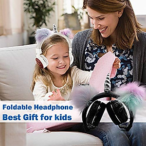 JINSERTA Bluetooth 5.0 Headphones with Fluffy Cat Ears for Kids, Kids Headband Earphone Foldable Headset Rechargeable Support TF Card, FM, Aux in (Black)