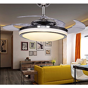 Fandian 44" Modern Ceiling Fan with Lights Remote Control Chandelier Fixture, 3 Lighting Changes Retractable Fandelier for Living Room Bedroom, Brush Chrome with Silent Motor