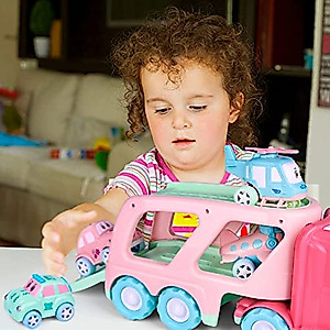 FUN LITTLE TOYS Truck Toys for Kids 2-4, Kids Toys Girls Age 2 3 4 5, Toddler Princess Girl Toys Carrier Truck with Cars and Planes, Toddler Birthday Gifts with Music & Lights for 2 3 4 5 Year Girls