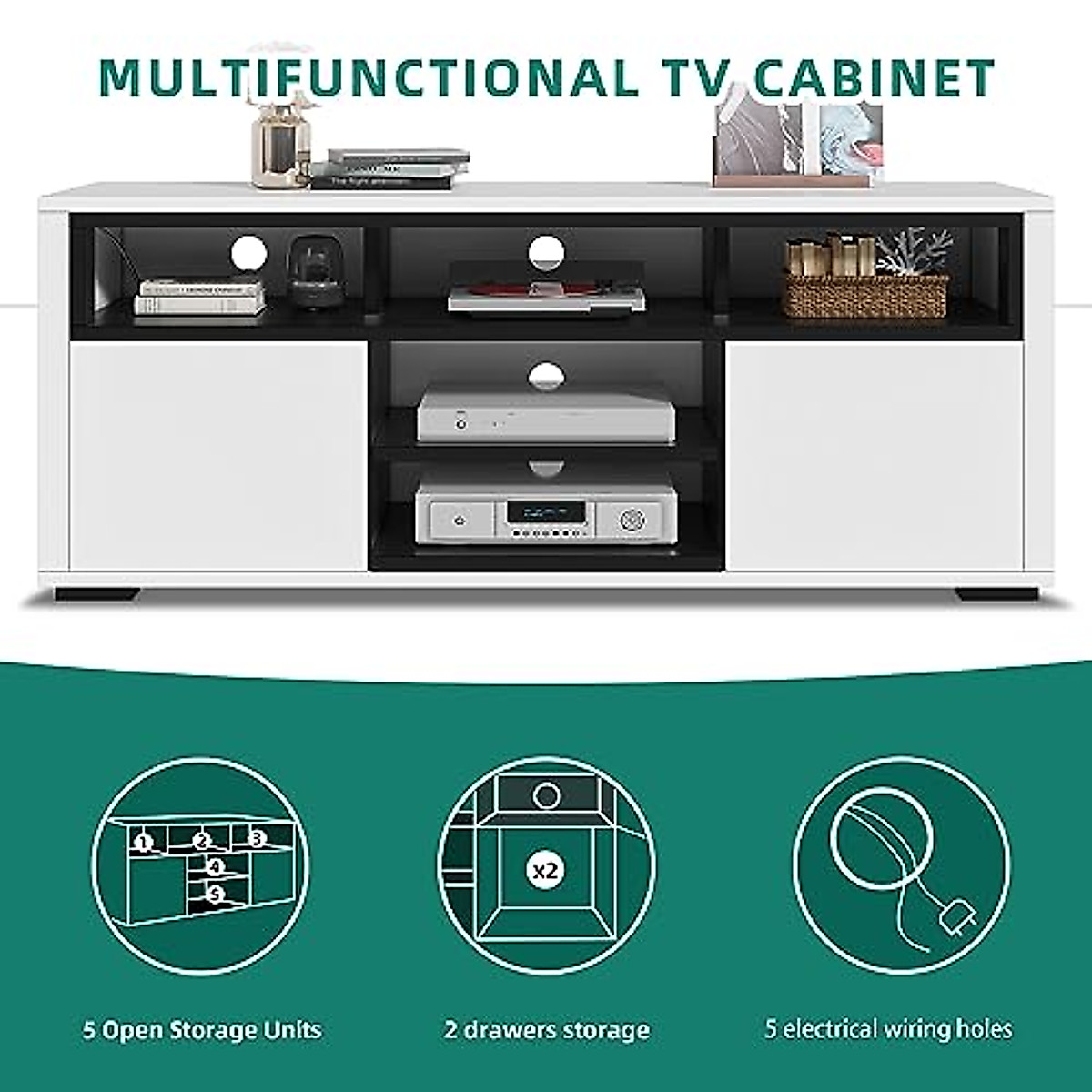 YITAHOME Modern LED TV Stand for 55", Entertainment Center with 5 Open Shelves, High Glossy Wood TV Console with 2 Storage Cabinet for Bedroom, Living Room, Gaming Media Stand, Black & White