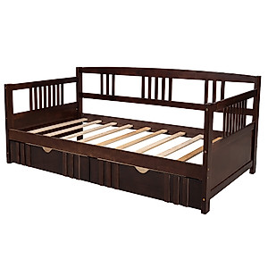 P PURLOVE Wood Daybed with Rails Twin Bed Wooden Slats Support Modern Living Daybed (Twin with Drawers, Espresso)