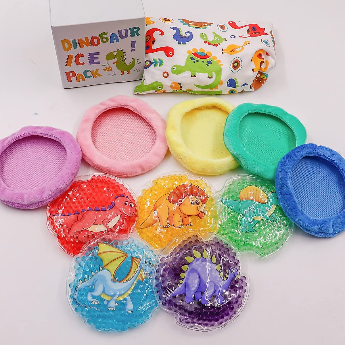 Boo Boo Ice Pack for Kids Injuries, Kids Ice Pack wit, Gel Cold Pack Toddler Ice Pack with Soft Cover Baby, Kid's Pain Relief, Fever, Wisdom Teeth, First Aid, Head, Neck, Arms, Dinosaur 5 PCS