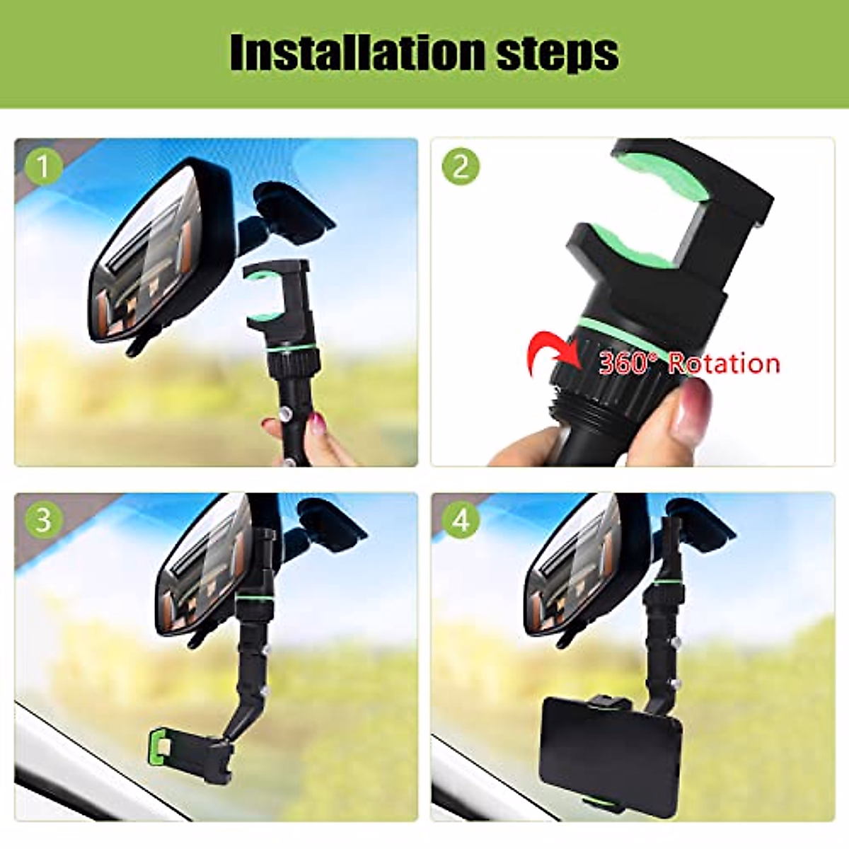 FYY Car Phone Holder Mount, 360°Rotating Rearview Mirror Phone Holder for Car, Multifunctional Phone Mount and GPS Holder, Fixed and Adjusted Cell Phone Automobile Cradles (Black+Green)