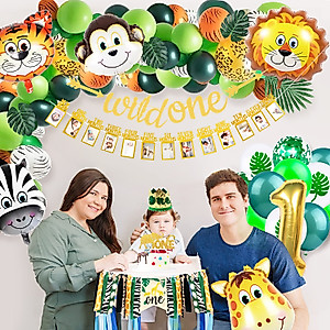 FVABO Wild One Birthday Decorations - Jungle Theme Party Supplies Include Leaf, Baby Photo Banner, Highchair Banner, Topper, Balloons Garland Arch, Crown, for 1st Animal Safari Birthday Party Decor