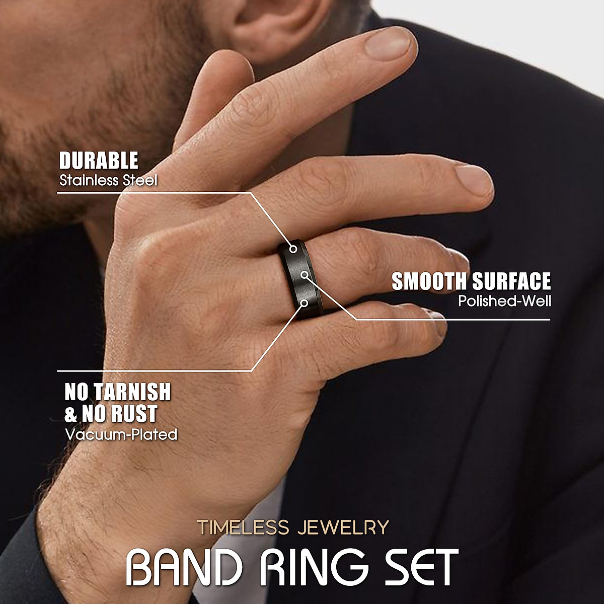 Jstyle Stainless Steel Rings for Men Wedding Ring Cool Simple Band 8 MM 3 Pcs A Set (9.5)