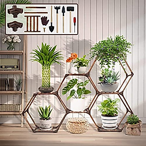 WASUMI Hexagonal Plant Stand Indoor, Plant Shelf Large 7 Tiers Wood Plant Stands Outdoor for Multiple Plants, DIY Flower Potted Plant Holder for Corner, Balcony, Patio, Garden, Living Room