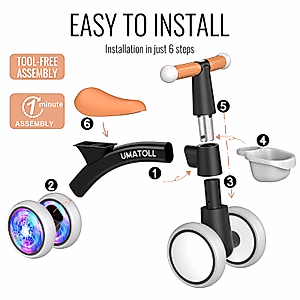 Umatoll Colorful Lighting Baby Balance Bike Toys for 1 Year Old Boys Gifts, Adjustable Seat Baby Walker, One Year Old Boy Birthday Gifts, 12-24 Months Toddler First Ride on Toys with Removable Basket