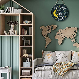 CHDITB Love You To The Moon And Back Wood Sign Wall Decor, Moon Star Wooden Door Hanging Art, Family Love Words Wood Art Plaque for Children Wife Bedroom Nursery (12''x12'')