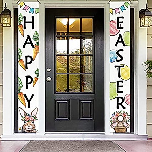 Deroro Happy Easter Bunny Rabbit Porch Banner Sign, Eggs Carrot Front Door Decorative Hanging Welcome Banner Flag, Seasonal Spring Decoration Home Outdoor Decor