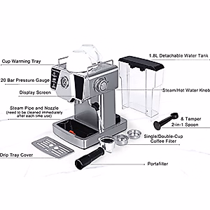 Homtone Espresso Machine 20 Bar, Stainless Steel Espresso Machine with Milk Frother for Cappuccino, Latte, Touch Screen Espresso Coffee Maker for Home (Retro)