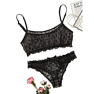 WDIRARA Women's Sexy Polka Dot Mesh Frill Spaghetti Strap Lingerie Set Black M