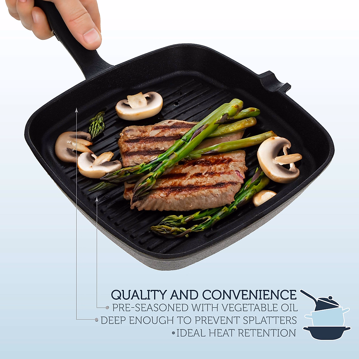 Potted Pans Square Cast Iron Skillet - 9.4-inch Pre-Seasoned Cast Iron Griddle Cooking Pan Camping Skillet Iron Pan