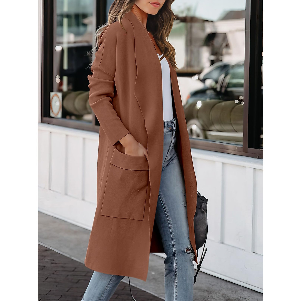 ANRABESS Women's Long Cardigan Sweater 2024 Fall Fashion Casual Oversized Knit Open Front Coatigan Jacket Coat Trendy Outfits Orange Brown Medium