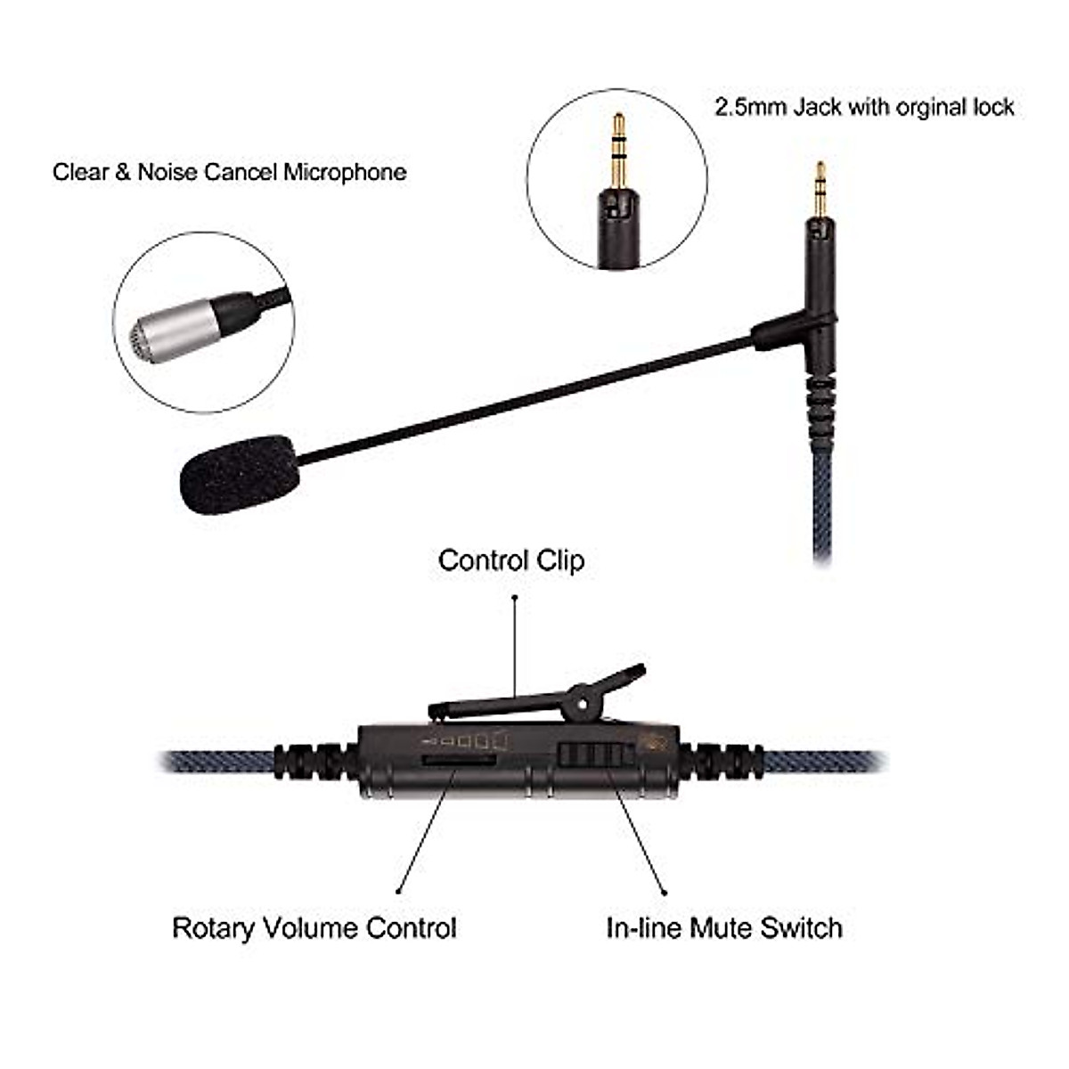 Audio Replacement Cable with in-Line Mic Remote Volume Control Compatible with Bose 700, QC35, QC35 II, QC45 Headphones, Audio Cord Compatible with iPod iPad iPhone Apple Devices