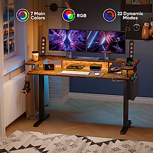 Bestier LED Electric Standing Desk Adjustable Height, 58x26 Inch Large Sit Stand Desk with Monitor Stand, Ergonomic Rising Desk for Home Office Workstation, Headphone Hook Storage Bag Brown