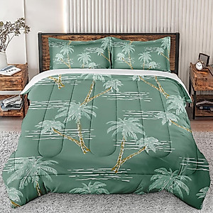 Pinbeam Comforter Set Queen Size, Palm Tree Ocean Retro Soft Bedding Set for Kids and Adults Bedroom Bed Decor, Green Mint Plant Comforter Set with 2 Pillowcases