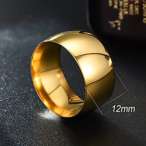 THJEW Full Finger Wide Chunky Band Ring for Women,14K Yellow Gold Classic Shiny Finish Plain Thumb Index Finger Band Ring Jewelry (Ring_E1_12mm, 6)