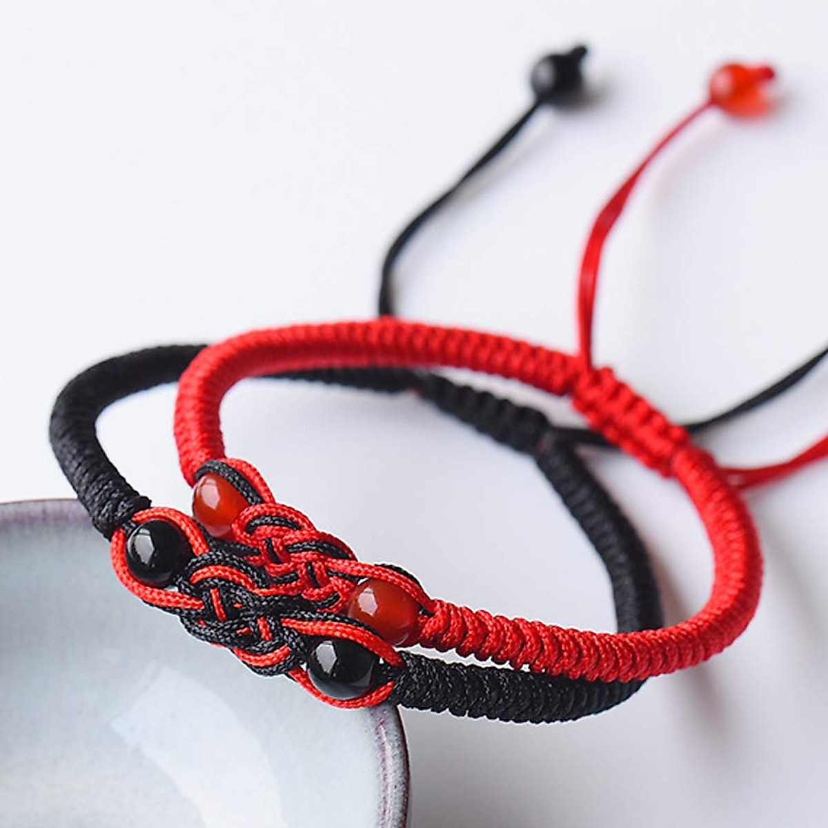MENGLINA Men Women Hand-woven Chinese Knot Black and Red Rope Couple Bracelets Natural Agate Stone Beads Braided Lucky Feng Shui Bracelet Love Jewelry (Set)