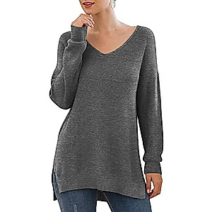 GRECERELLE Women's V-Neck Long Sleeve Side Split Loose Casual Knit Pullover Sweater Blouse Dark Gray-Medium