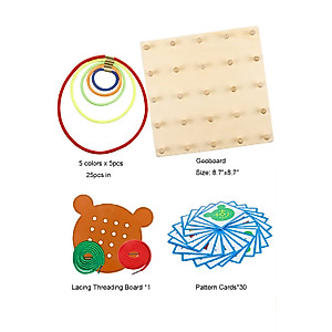 YHZAN Wooden Geoboard Graphing Peg Board Montessori Toddler Sensory Toy Colorful Rubber Bands Pattern Cards Preschool Learning Game