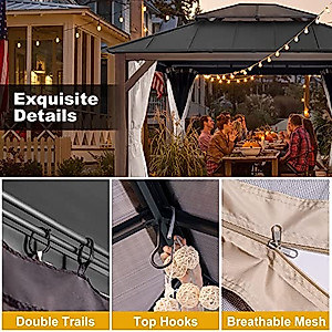 12' x 14' Gazebo, Outdoor Hardtop Gazebo with Wood Finish Aluminum Frame, Galvanized Steel Double Top Gazebo with Ventilation, All-Weather Metal Gazebo with Netting and Curtains, for Patios Gardens