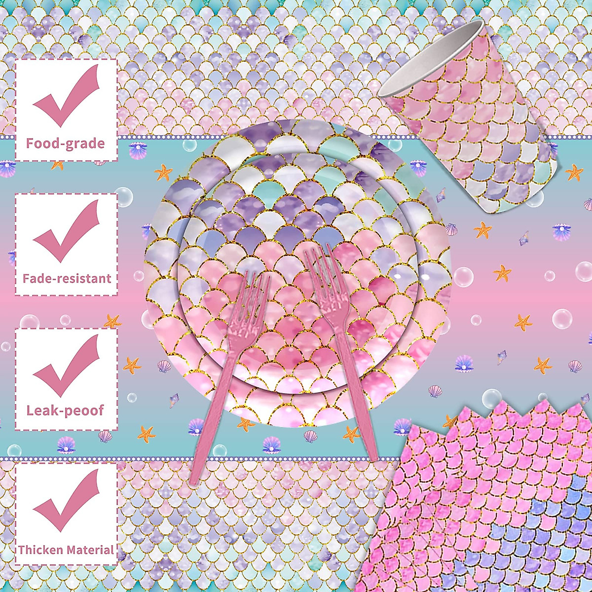 121Pcs Mermaid Birthday Party Supplies Decorations, Mermaid Tableware Set Include Mermaid Plates and Napkins Party Supplies Tablecloths Cups Forks Serves 24 for Girls Baby Shower Ocean Party Supplies