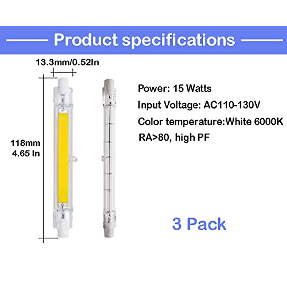 CTKcom 118mm/4.65In 15W White 6000K R7S LED Bulb (3 Pack) 110V T3 J Type Halogen Bulb Replacement 150W Halogen Bulb Equivalent Double Ended