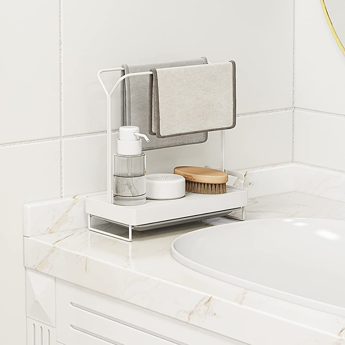 LUVADU ZCX Sink Organizer Sink Storage Drain Rack for Kitchen， Sponge Brush Soap Dishcloth Rack Soap Dispenser Organizer