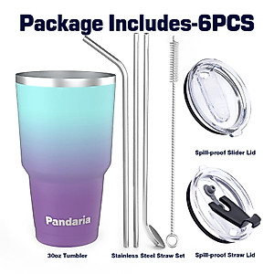 Pandaria 30 oz Insulated Tumblers with Lids and Straws, Double Wall Stainless Steel Tumbler with Straw, Reusable Spill Proof & Leak Proof Tumbler, Perfect for Iced Coffee, Tea & More, Sea