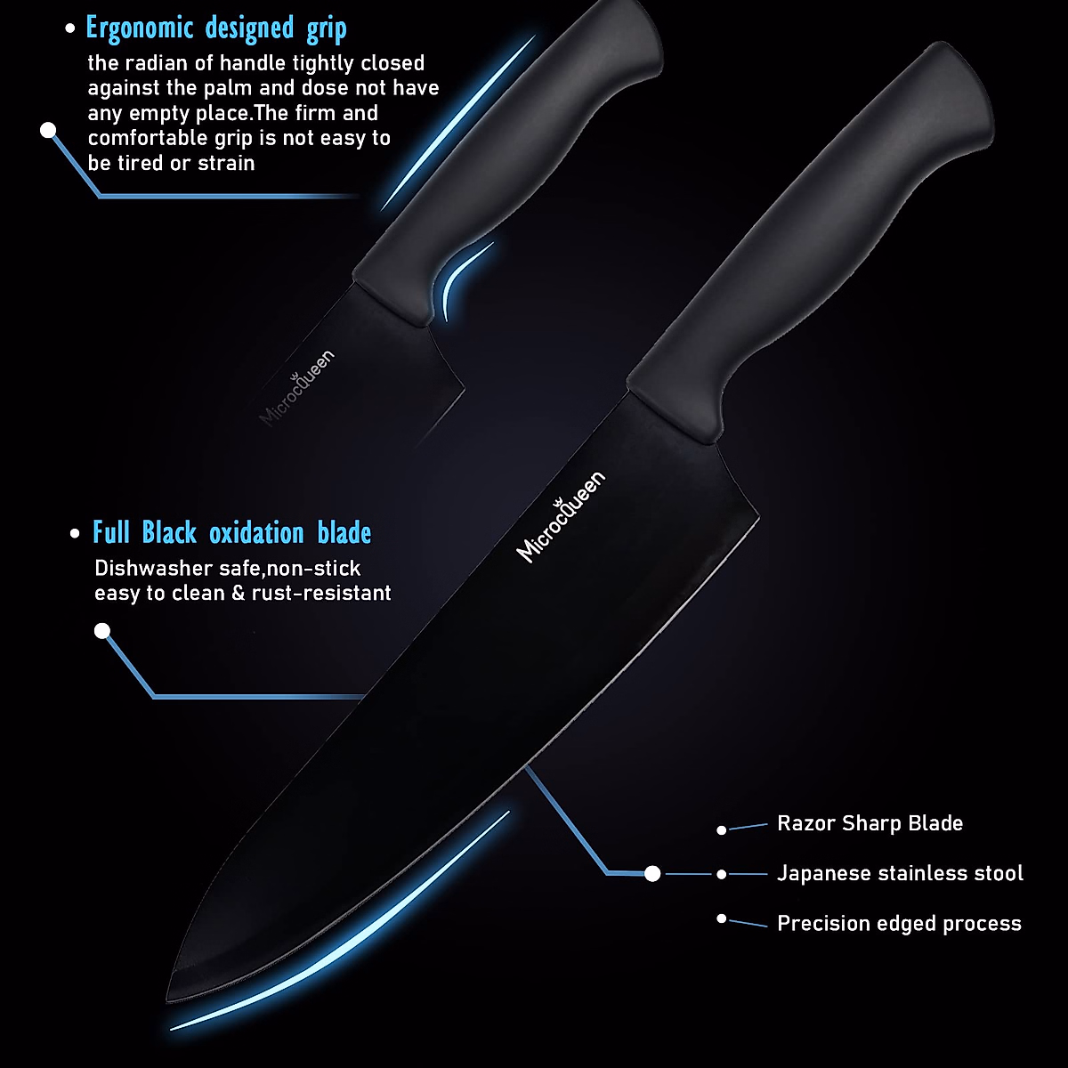 knife set black for Kitchen with Block, Kitchen Knife Sets 16 Piece Kitchen Knives for Chopping, Slicing, Dicing&Cutting,Dishwasher Safe,6 Steak Knives