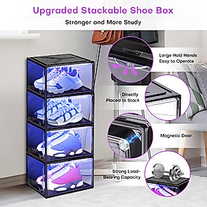 Shoe Storage Organizer for Closet, Foldable Shoe Boxes Rack 2 Pack, Clear Plastic Stackable Containers Bins Holder, Magnetic Sneaker Shelf for Sneakerheads with LED Lights (Black)