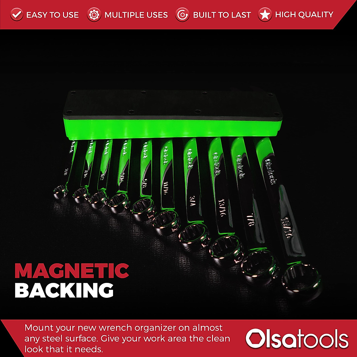 Olsa Tools Magnetic Wrench Holder Organizer (Green) Polypropylene | Fits SAE 3/8" Thru 15/16" & Metric 10mm Thru 19mm | Professional Grade