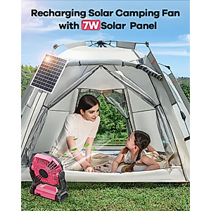 Art In Real 10400mAh Solar Powered Fan, Portable Solar Fan with LED Lantern, Camping Fan with 7W Solar Panel, Stepless Speed Battery Powered Fan for Travel, Camping,Office,Outdoor＆Indoor(Pink)