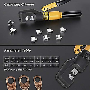 HYCLAT 10 Tons Hydraulic Crimping Tool Battery Cable Lug Terminal Crimper with 9 Pairs of Dies, 12 AWG to 2/0 AWG Wire Crimping Tool
