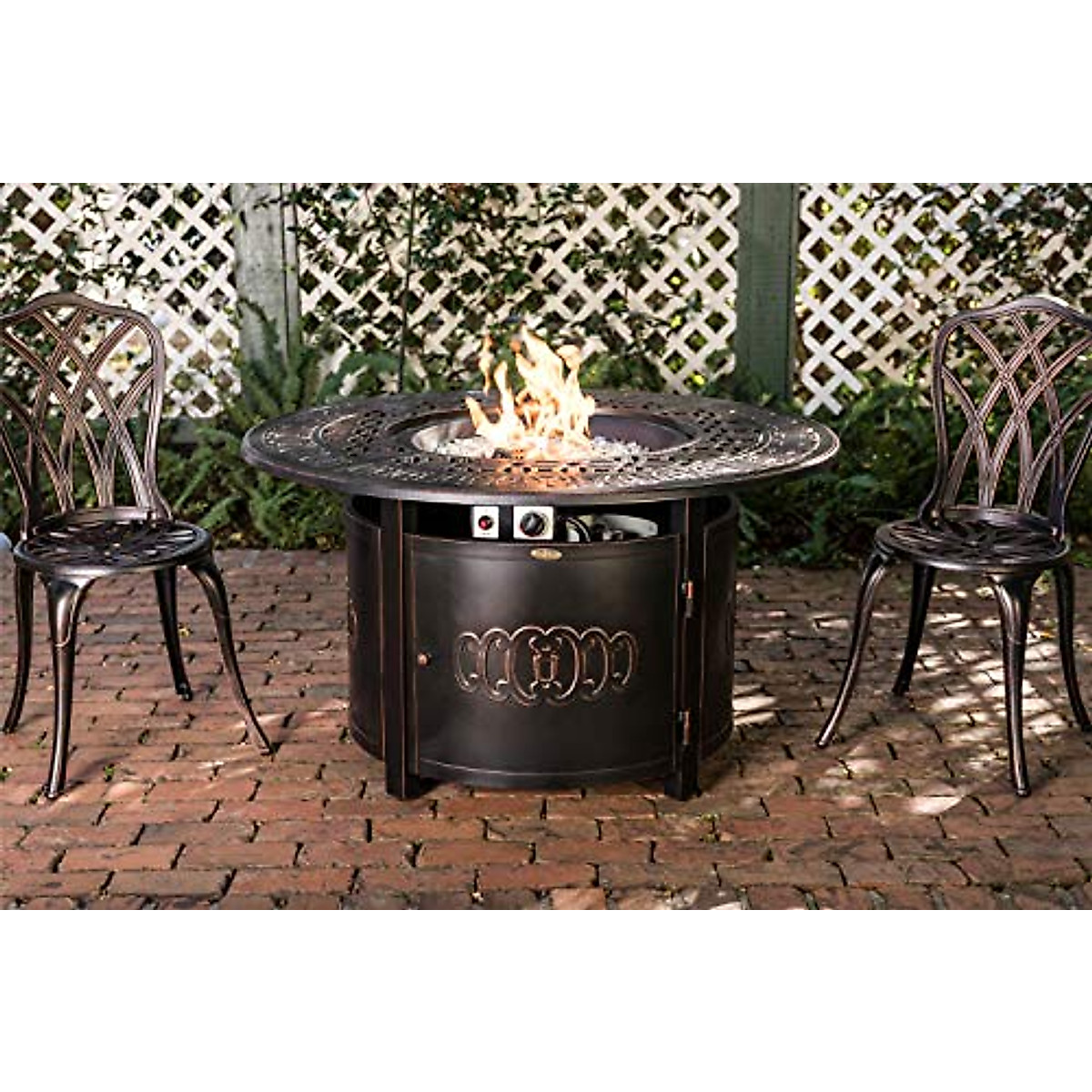 Fire Sense 62262 Dynasty Art Deco Aluminum Convertible Gas Fire Pit Table 55,000 BTU Multi-Functional Outdoor with Fire Bowl Lid, Nylon Weather Cover & Clear Fire Glass - Bronze Finish - Round - 44"